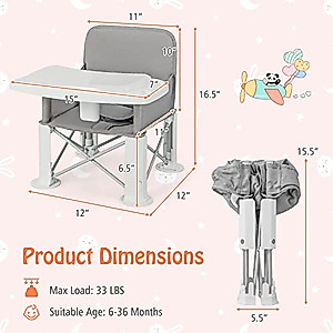 BABY JOY Travel Booster Seat with Double Tray, Folding Portable High Chair Booster Seat for Dining Table, Indoor/Outdoor Use, Camping, Beach, Lawn, Compact Baby Seat with Straps & Carrying Bag