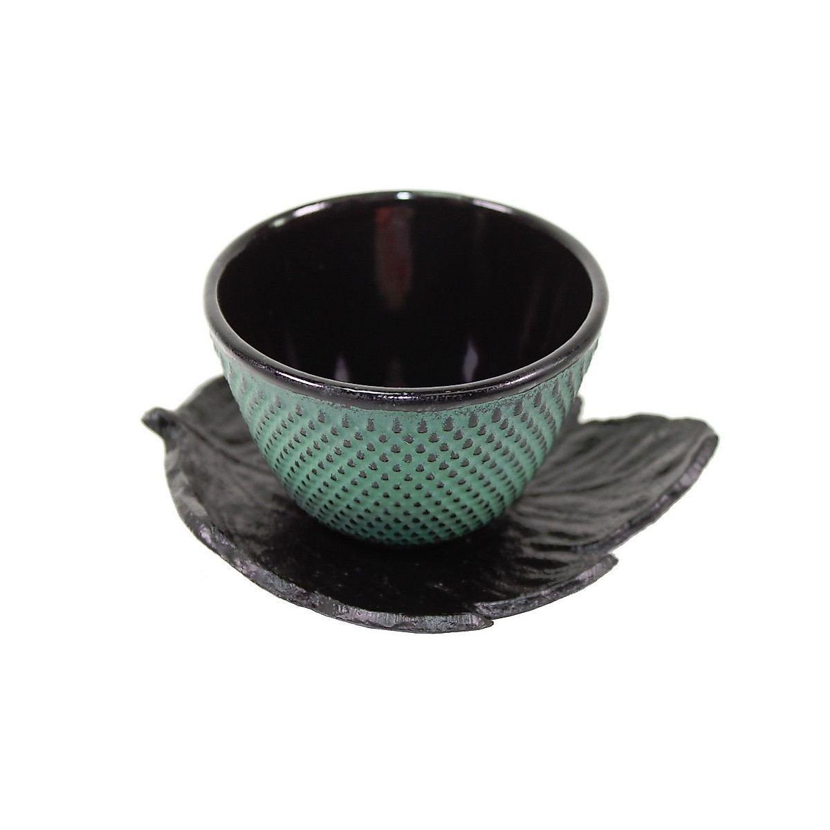 4 Green Leaf Teacup Saucer+4 Dark Blue Polka Dot Hobnail Japanese Cast Iron Tea Cup Teacup