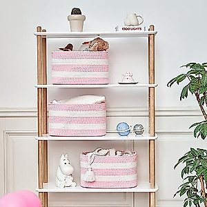 R RUNKA Decorative Storage Baskets - 15"x10.2"x9.1" Cube Storage bins for Organizing Shelves, Entryway, Closet - Versatile Baskets for Books, Towels,Toys - Pink Gift Basket for Girls - White & Pink