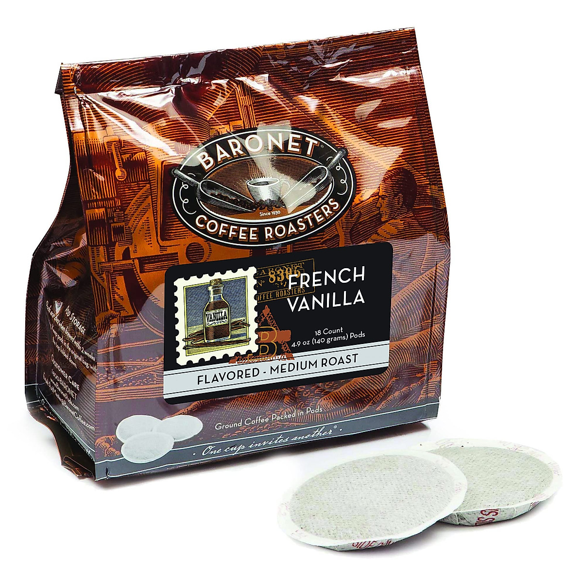 Baronet Coffee Pods [French Vanilla Flavored-54 Pods] Single Cup Use for Senseo Coffee Machine - 3 Bags of 18 Single Serve 8 Gram Pods, Regular Strength Soft Coffee Pods, Medium Roast [French Vanilla]