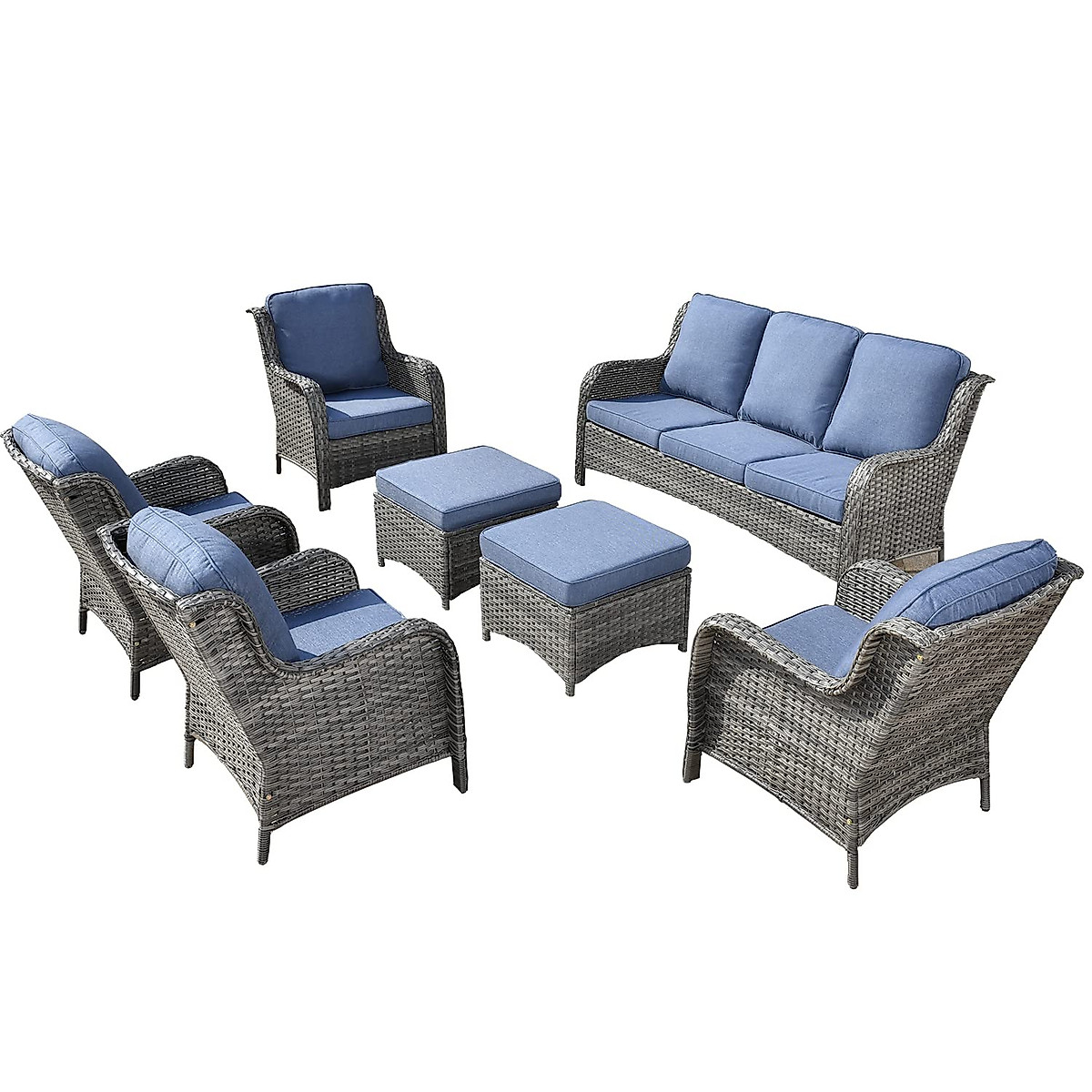 XIZZI Outdoor Furniture Patio Furniture Set 7 Pieces All Weather Wicker Patio Conversation with High Back Sofa Sectional and 2 Ottomans for Garden,Backyard and Deck,Grey Wicker Denim Blue