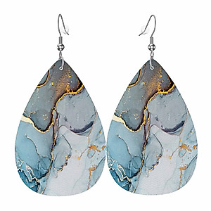 Water Alcohol Ink Leather Earrings for Women Sapphirine and Navy Blue Spots Marbling Art Teardrop Double-Sided Dangle Lightweight Leaf Earrings