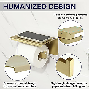 Alise Toilet Paper Holder,Bathroom Tissue Holder with Shelf,SUS304 Stainless Steel Toilet Paper Roll Holder Storage Dispenser,Self Adhesive or Wall Mount Drilling Paper Rack, Gold GYT5000-G