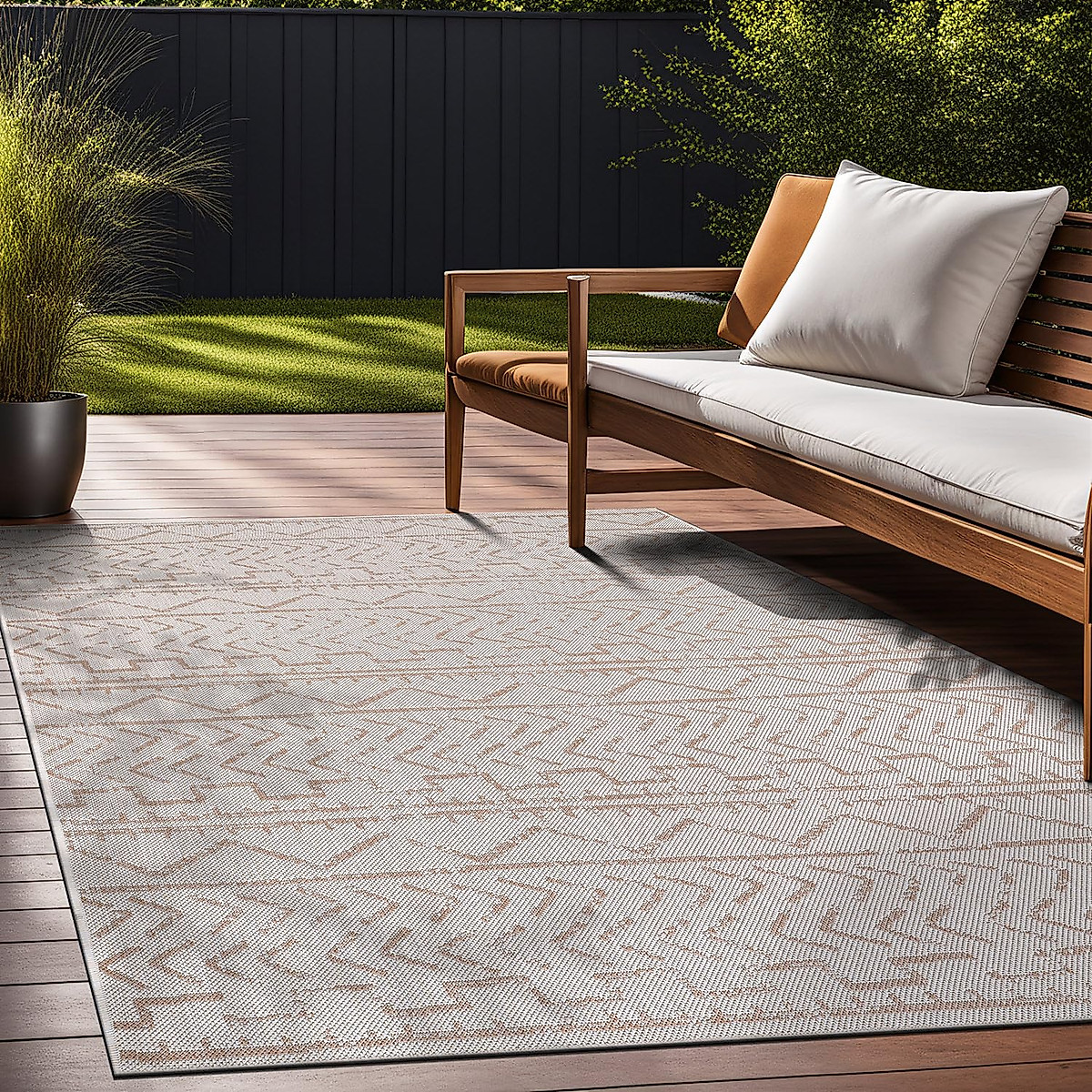 Beverly Rug Waikiki Indoor Outdoor Rug 6x9, Washable Outside Carpet for Patio, Deck, Porch, Trellis Area Rug, Water Resistant, Beige - White