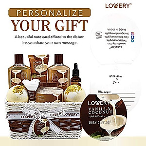 Bath and Body Gift Basket For Women and Men – 9 Piece Set of Vanilla Coconut Home Spa Set, Includes Fragrant Lotions, Extra Large Bath Bombs, Coconut Oil, Luxurious Bath Towel & More