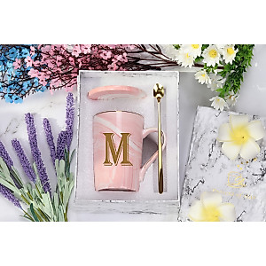 Letter M Personalized Initial Mug, Letter M Personalized Marble Coffee Mug, Letter Coffee Mugs for Women, Bridal Shower Gifts, Man and Women's Initials Gifts Mug 14 Ounce Pink with Gift Box