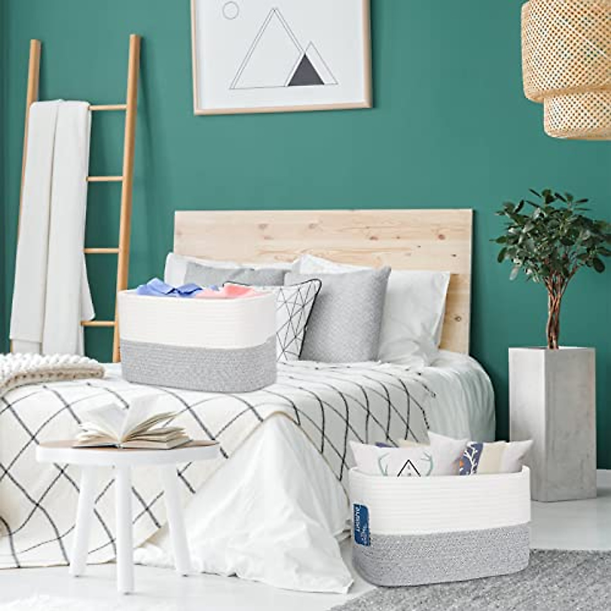 AUSSIY 3 Pack Rope Baskets for Storage Basket, Cotton Rope Woven Basket with Handles. Blanket Basket for Storing Clothes, Toys, Books, Shelves etc, 15''L x 10''W x 9.5''H, Gray/White