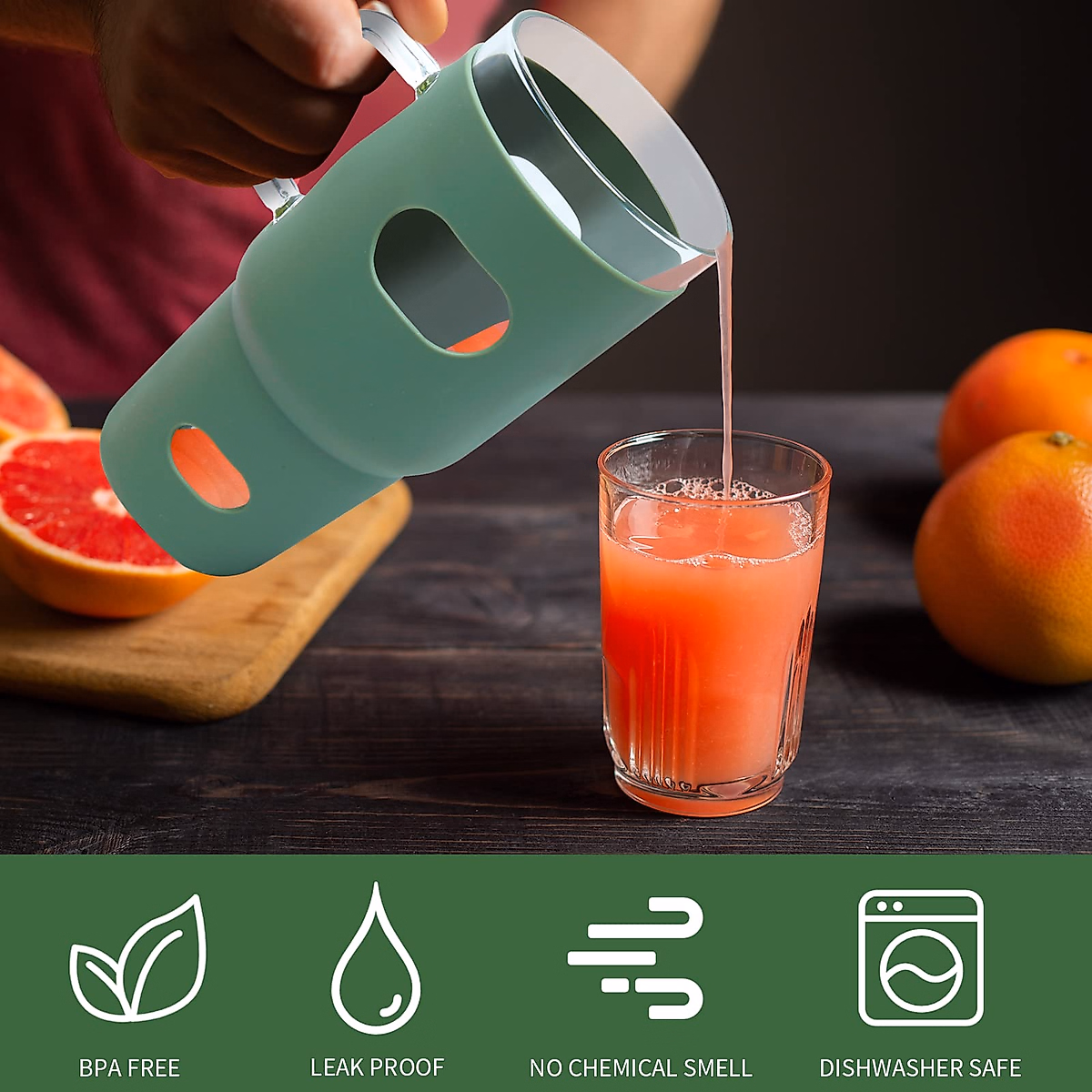 LAOION 32 OZ Glass Tumbler with Handle, Glass Water Bottles with Leakproof Bamboo Lid and Straw, Iced Coffee Cup with Silicone Sleeve and Time Marker, Fits in Cup Holder Spill Proof BPA Free,Sage