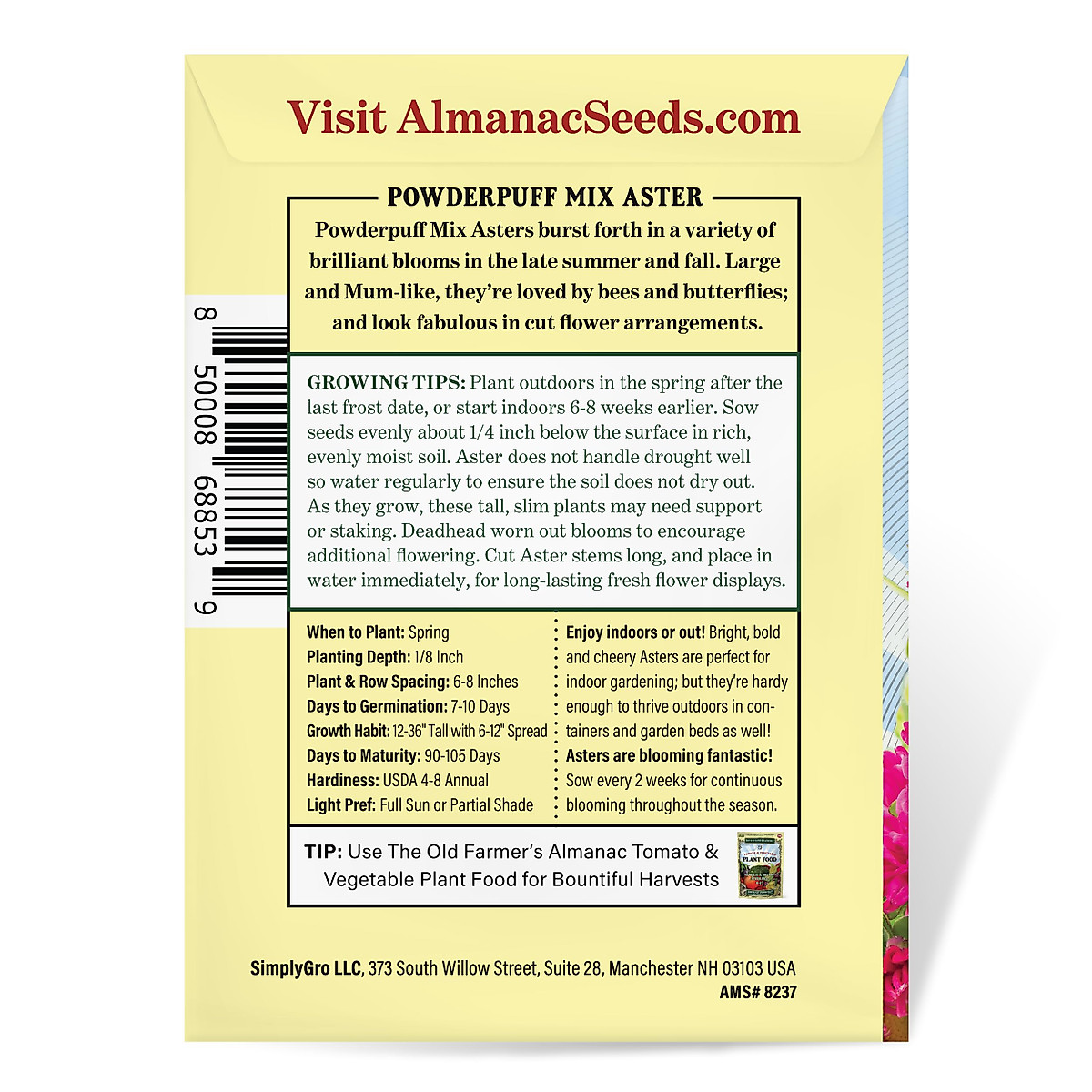 The Old Farmer's Almanac Aster Seeds (Powderpuff Mix) - Approx 360 Flower Seeds - Premium Non-GMO, Open Pollinated, USA Origin