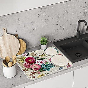 Dish Drying Mats for Kitchen Counter, TOPCARPENTER 18*24 inch Spring Flower& Hummingbirds Dish Drainer Mat, Ultra Absorbent Microfiber Dish Drying Pad for Kitchen Counter Coffee Bar