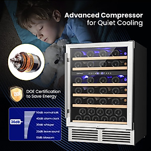 COSTWAY 24 Inch Wine Cooler, 51 Bottles Dual Zone Wine Refrigerator w/Stainless Steel Tempered Glass Door & Safety Lock, Built-in or Freestanding Mini Wine Fridge for Home Bar Office