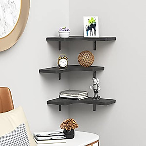 Buwico Corner Floating Shelves, Black Wall Mount Corner Shelf, Rustic Wood Wall Storage Shelves Set of 3, Solid Wood Corner Wall Shelf for Bedroom, Living Room, Bathroom, Kitchen, Office (Black)