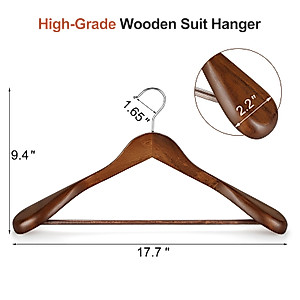 TOPIA HANGER Wide Shoulder Wooden Hangers, Suit Hangers with Non Slip Pants Bar & 360° Swivel Hook, Solid Wood Heavy Duty Coat Hanger, 6 Pack (Walnut)-CT02WA