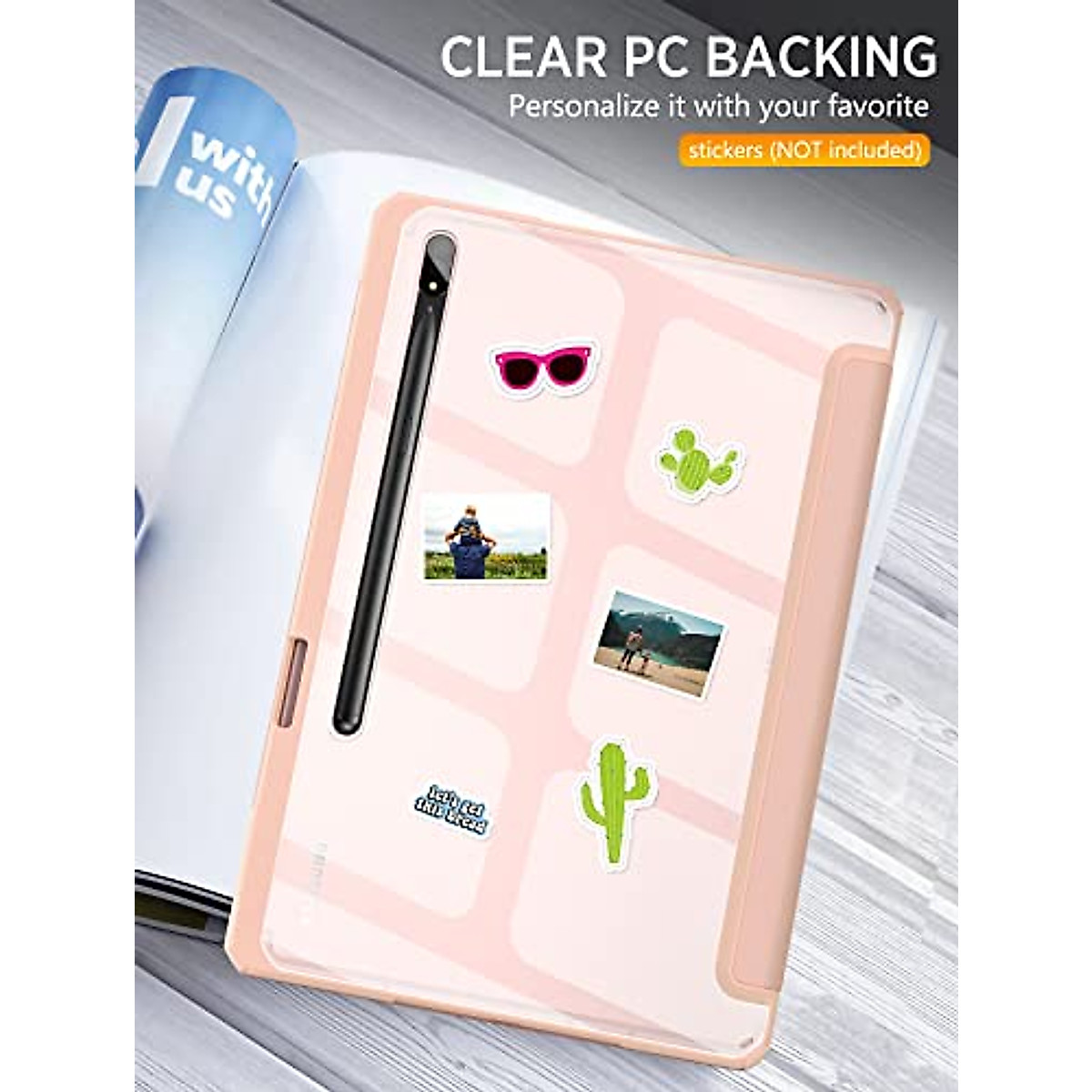 MoKo Case Fits Samsung Galaxy Tab S8 + 12.4 2022 (SM-X800/X806) / Tab S7 FE 12.4-Inch 2021 / Tab S7 Plus 12.4 2020 with S-Pen Holder, Transparent Back Tablet Cover with Auto-Wake, Rose Gold