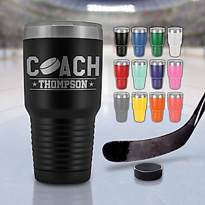 Personalized Hockey Coach Tumbler Cup With Coach Name - Customized Hockey Coach Gift - Custom Hockey Coach Travel Mug - Blue