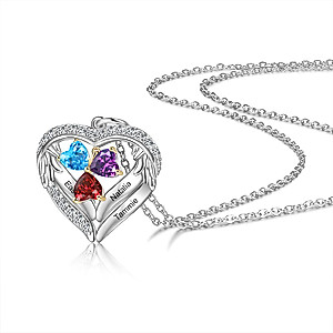GLAMCARAT Engraved personalized 925 silver pendant necklace with 3 birthstone family jewelry mothers gift 3 child names heart shaped pendant