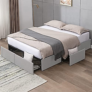 Mjkone California King Size Bed Frame with 4 Storage Drawers,Upholstered Platform Metal Bed with Premium Linen Fabric,Cal King Bed Base Frame with Metal Support,Easy Assembly/Space Saving-Light Grey