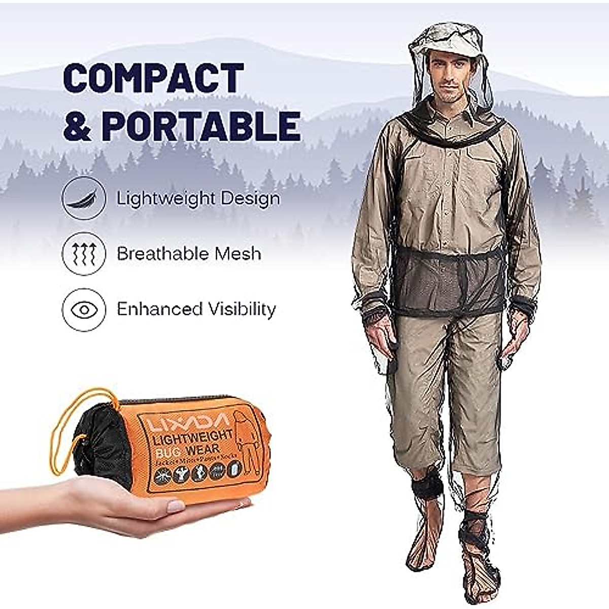 LIXADA Mesh Suit Set with Jacket Hood, Mitts, Socks & Storage Sack - Ultra-fine Net Mesh Clothing for Fishing Hiking Camping