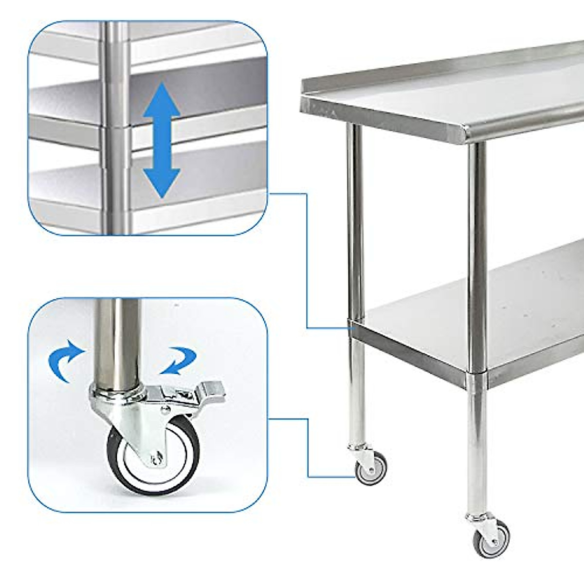 Nisorpa Commercial Stainless Steel Table with Caster Wheels 36x24in Kitchen Worktables with Backsplashs Prep Food Workbench Under Shelf 330~550lbs Capacity for Restaurant