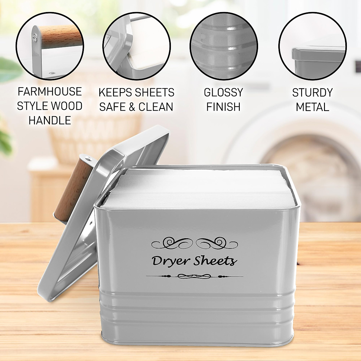 ELITAPRO Dryer Sheets Holder for Laundry Room - Farmhouse Dryer Sheet Box with Lid - Laundry Room Decor & Accessories - Metal Dryer Sheet Container for Laundry Room Organization & Storage (Khaki)