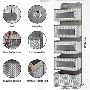 2 Pack Over The Door Hanging Organizer with 5 Large Pockets - Foldable Wall Mount Fabric Storage with Clear Window and 2 Metal Hooks for Pantry,Closet,Kitchen,Nursery,Bathroom,Dorm-49.6x12.2x5 inches