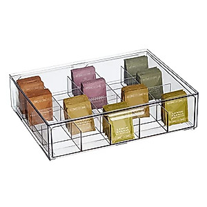 mDesign Divided Plastic Tea Organizer Bin with Drawer - Stackable Tea Bag Holder for Kitchen, Pantry, and Cabinet - Caddy with Small Dividers - 20 Sections - Lumiere Collection - Clear