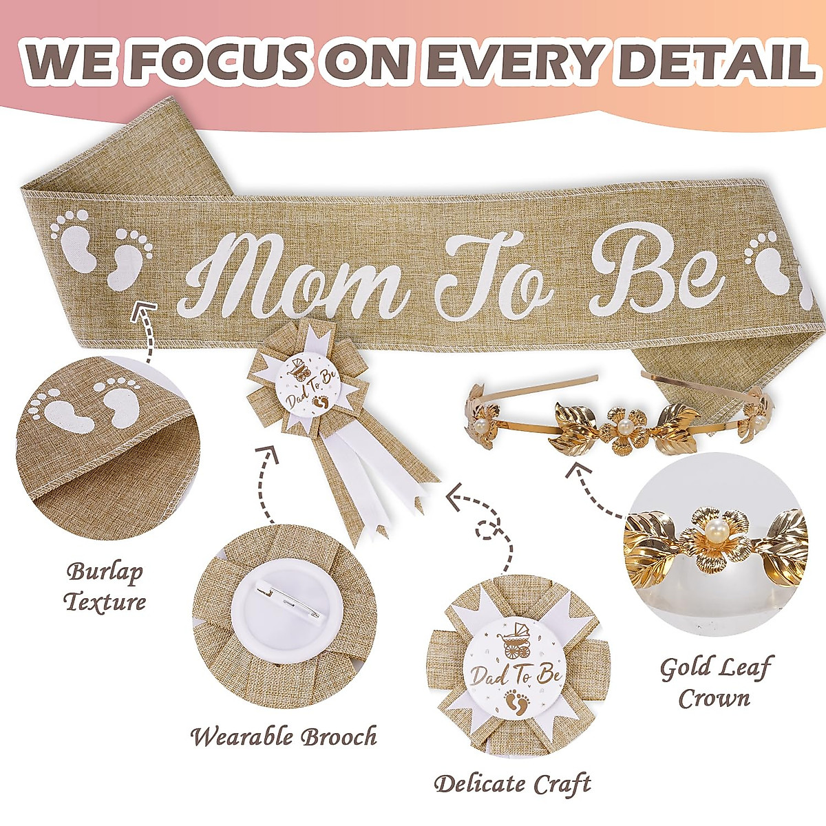 Neutral Burlap Mom to Be Sash Dad to Be Pin Baby Shower Decorations, Rustic Boho Gold Flower Crown Headband Mommy to Be Sash for Gender Reveals Party Decorations for Pregnant Keepsake Gifts