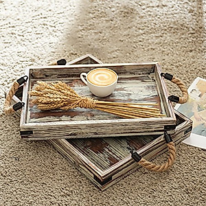 MyGift Country Rustic Torched Wood Rectangular Coffee Breakfast Serving Tray with Rope Handles, Set of 2