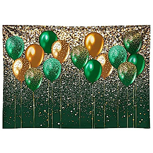 Funnytree 7X5FT Soft Fabric Balloons Backdrop Green and Gold Glitter Background Birthday Woman Prom Graduation Party Banner Cake Table Decor Portrait Photo Studio Photobooth Props Gift Supplies