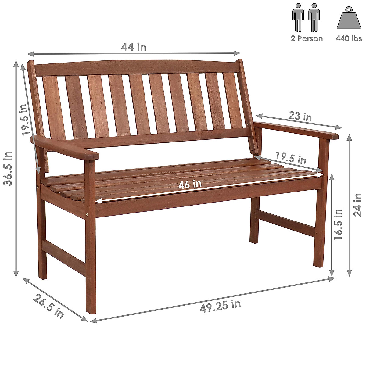 Sunnydaze Solid Meranti Wood 2-Seat Outdoor Garden Bench with Rustic Teak Oil Finish