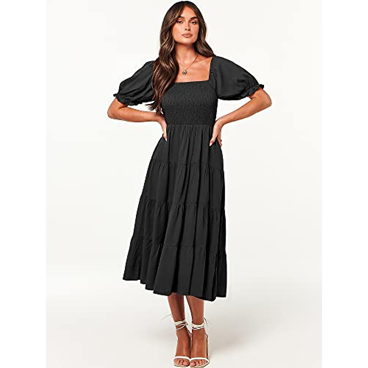 ANRABESS Women's Casual Summer Midi Dress Puffy Short Sleeve Square Neck Smocked Tiered Boho 2023 Spring Dresses for Wedding Bridal Shower 877heise-M Black