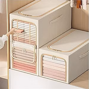 Clothes Storage Organizer Bins Containers, Waterproof Cotton Linen Steel Frame Storage Box, Stackable Storage Bins for Clothing Storage with Clear Window & Reinforced Handles, 1PC (31L, beige)