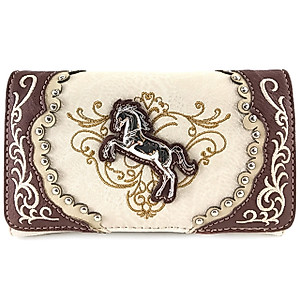 Justin West Horse Floral Embroidery Square Stud Wristlet Trifold Wallet Attachable Long Strap (Hot Pink)