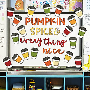 AnyDesign 50Pcs Fall Letter Coffee Cup Cutouts with 100Pcs Glue Points Pumpkin Spice & Everything Nice Cardboard Cut-Outs Muticolor Coffee Cup Paper Cutting for Office Home Autumn Theme Party Decor