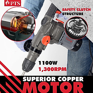 PTS Corded Rotary Hammer Drill 1”26mm 10Amp 110V Combination Rotary Hammer | SDS Plus | 3 Modes | 2x Brushes, Oil Cap Wrench, Grease, 3x Drills, 2x Chisels‚ and Case Set