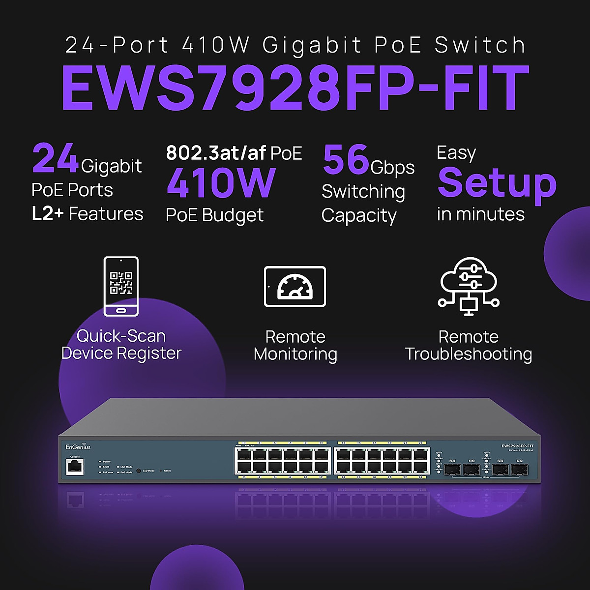 EnGenius Fit L2 Plus Managed 24-Port Gigabit PoE+ Switch | 802.3at/af PoE+ Ready | 410W Budget | 4 SFP Uplink Ports | 56 Gbps Switching Capacity | [EWS7928FP-FIT]