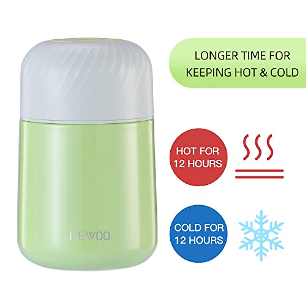 FEWOO Food Thermos - 20oz Vacuum Insulated Soup Container, Stainless Steel Lunch box for Kids Adult, Leak Proof Food Jar with Folding Spoon for Hot or Cold Food (Green)