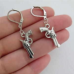 Gun Charm Lever Back Clip Earrings, Revolver Dangle Earrings, West Style, Quirky Jewelry
