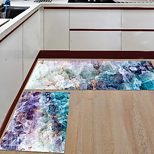 Kitchen Rugs, Marble Texture Watercolor Art Purple Green Non Slip Runner Rug Mat for Floor, Kitchen, Bedside, Sink, Office, Laundry, Set of 2