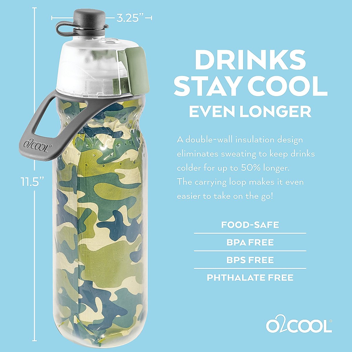 O2COOL Mist 'N Sip Misting Water Bottle 2-in-1 Mist And Sip Function With No Leak Pull Top Spout Sports Water Bottle Reusable Water Bottle - 20 oz (Green Camo)