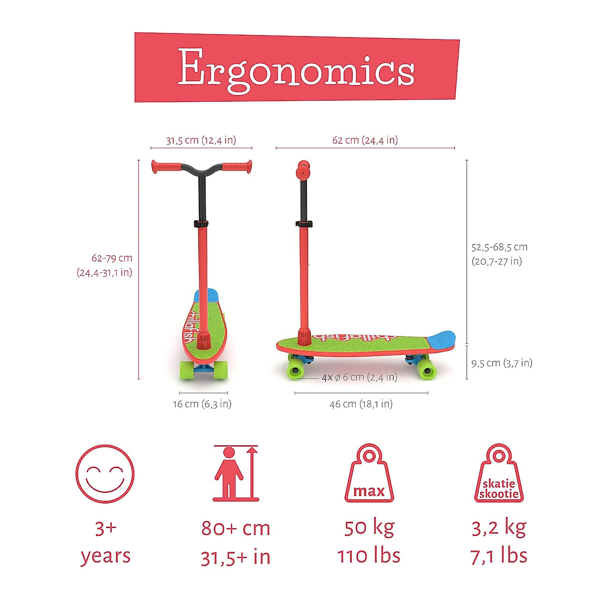 Chillafish Skatieskootie Customizable Training Skateboard and Lean-to-Steer scooter with Detachable Stability Handlebar, Multiple Deck & Tail color options, Ages 3+, Black Mix