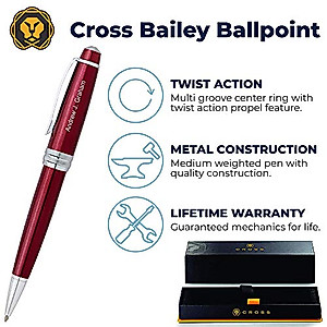 Dayspring Pens Cross Pen | Engraved/Personalized Cross Bailey Red Lacquer Ballpoint Gift Pen - Chrome Trim AT0452-8. Custom Engraving Included.