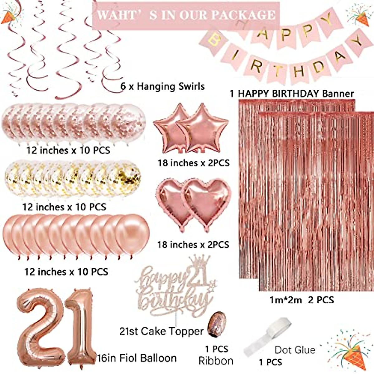 21st Birthday Decorations for Her, Happy Birthday Banner, Rose Gold Fringe Curtain, Heart Star Foil Confetti Balloons, Hanging Swirls for Women Girls 21st Rosegold Birthday Party Supplies