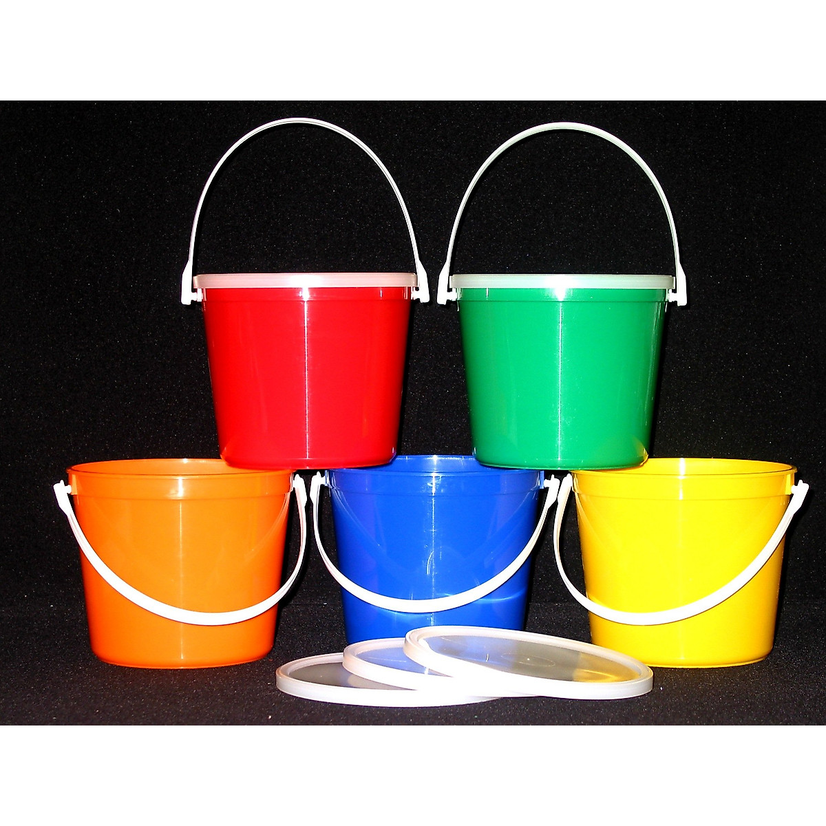 5-80 Ounce Red, Blue, Yellow, Orange and Green (1 of Each) Buckets and Lids, Made in America, Food Safe and Contains No BPA.