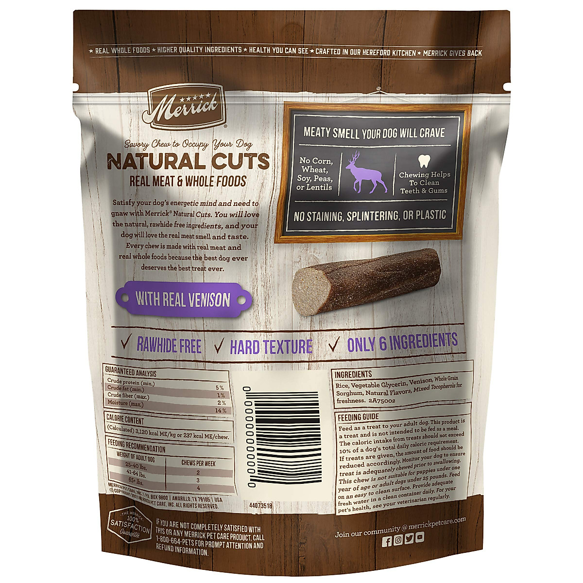 Merrick Natural Cuts Chicken Free Non Rawhide Medium Dog Treats, Hard Texture Chew Sticks With Venison - 4 ct. Pouch