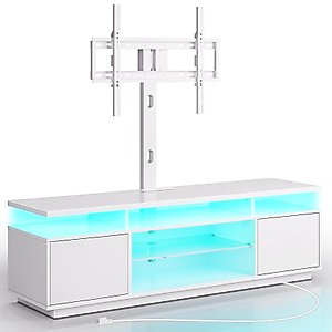 Rolanstar TV Stand with Mount and Power Outlet 51.2", Swivel TV Stand Mount for 32/45/55/60/65/70 inch TVs, Height Adjustable Modern Entertainment Center with Storage & LED Lights, TV Table White