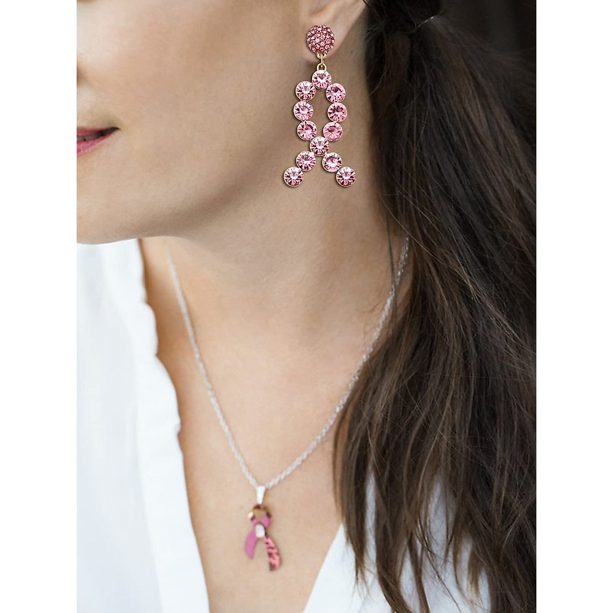 Glitter Rhinestone Pink Ribbon Drop Earrings Beaded Breast Cancer Awareness Earrings Jewelry for Women Breast Cancer Survivor Support Jewelry Gifts (Rhinestone pink)