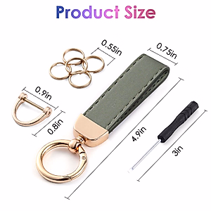 Gerkia Leather Car Keychain for Men and Women Key Chains for Car Keys with 5 Key Rings and Anti-loss D-ring Keychain ，Dark Green