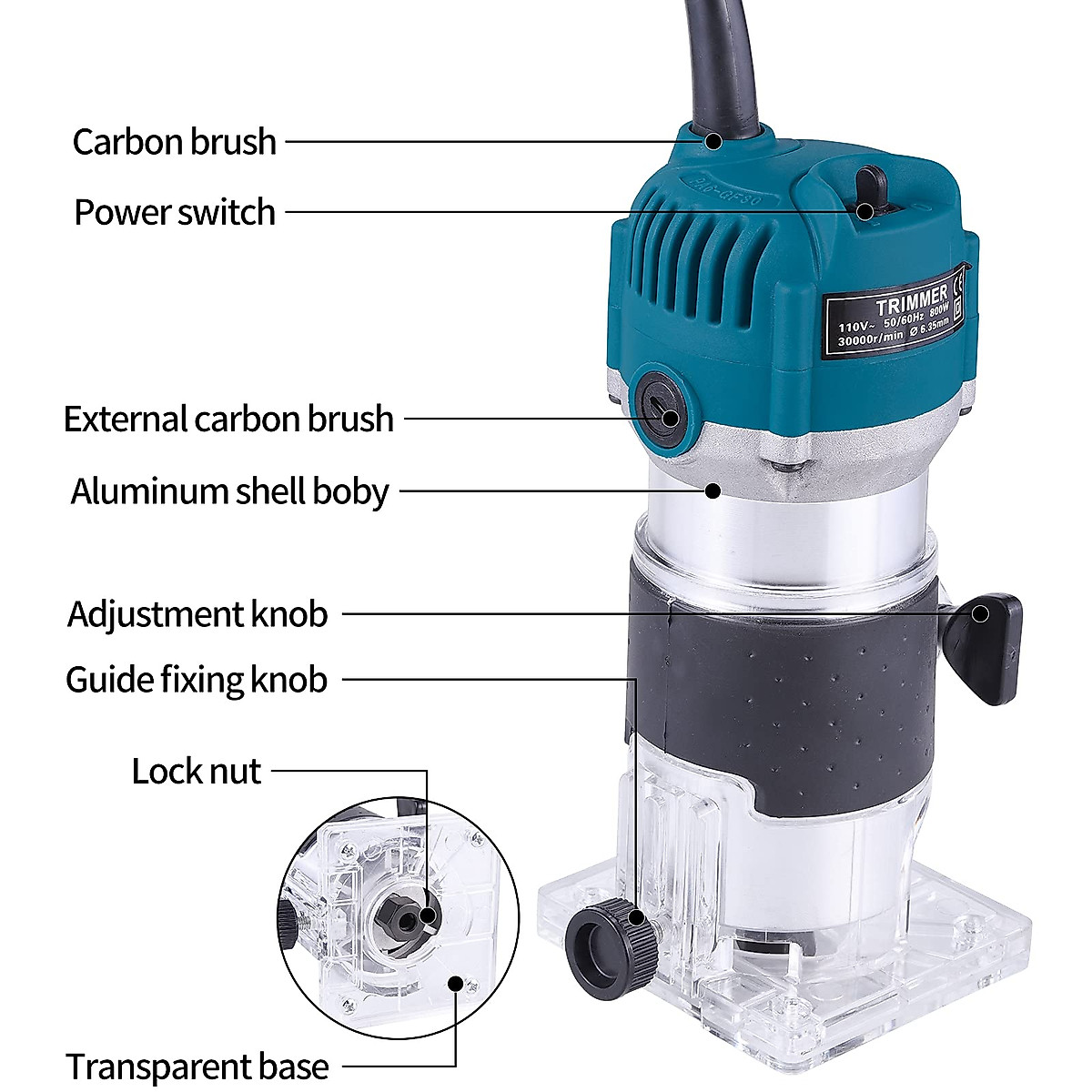 Wood Router,Router Tool Wood Trimmer Router Electric Hand Trimmer Laminate Milling Engraving Hand Machine Joiner Tool Electric for Slotting Trimming Carving 110V 800W 30000R/MIN(Blue)