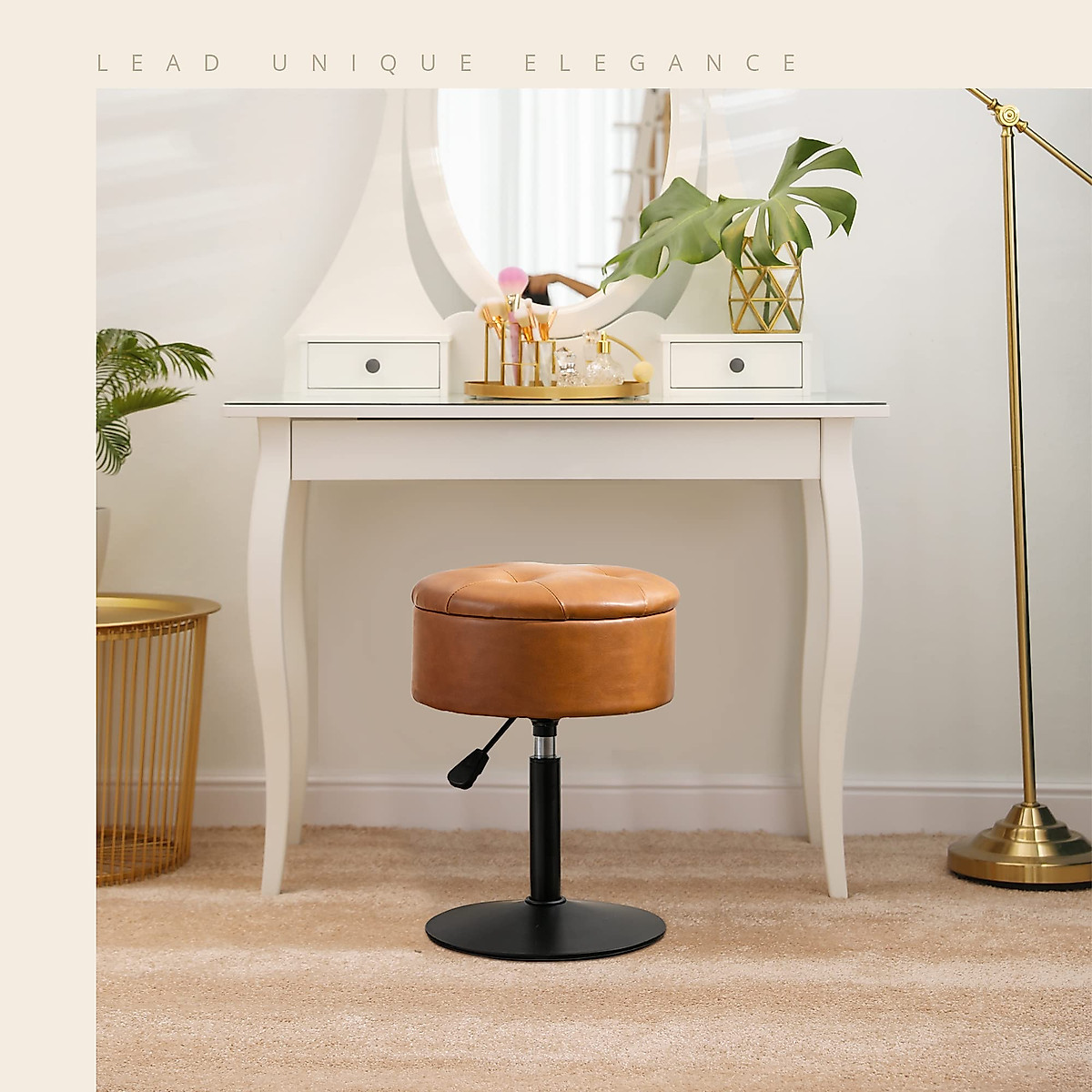 LUE BONA 360°Swivel Vanity Stool Chair for Makeup Room, Height Adjustable Stool for Vanity with Storage, Small Whiskey Brown Faux Leather for Bathroom, Living Room